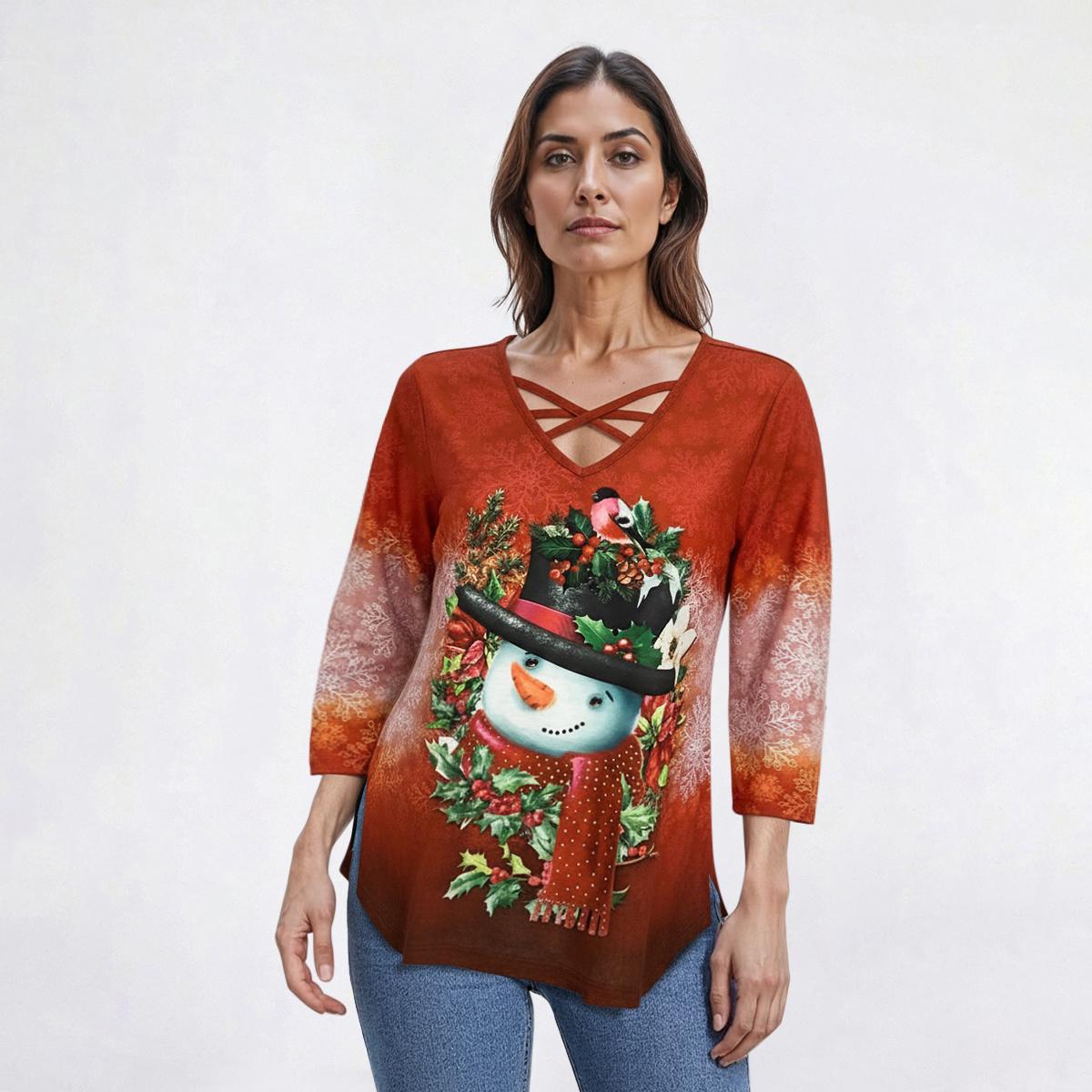 Click here for Womens OneWorld 3/4 Lace V-Neck Sharkbite Snowman... prices